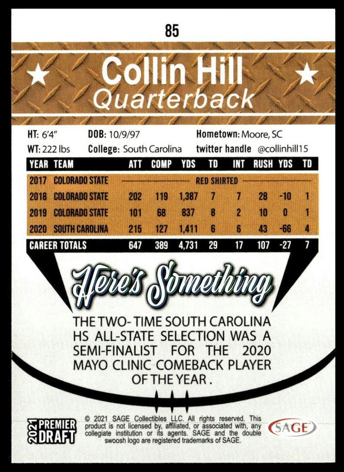 Collin Hill 2021 SAGE Premier Draft Card #85 | eBay