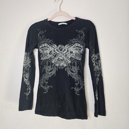 Bui Yah Kah Shirt Womens Small Angel Wing Revolver Graphic Long Sleeve ...