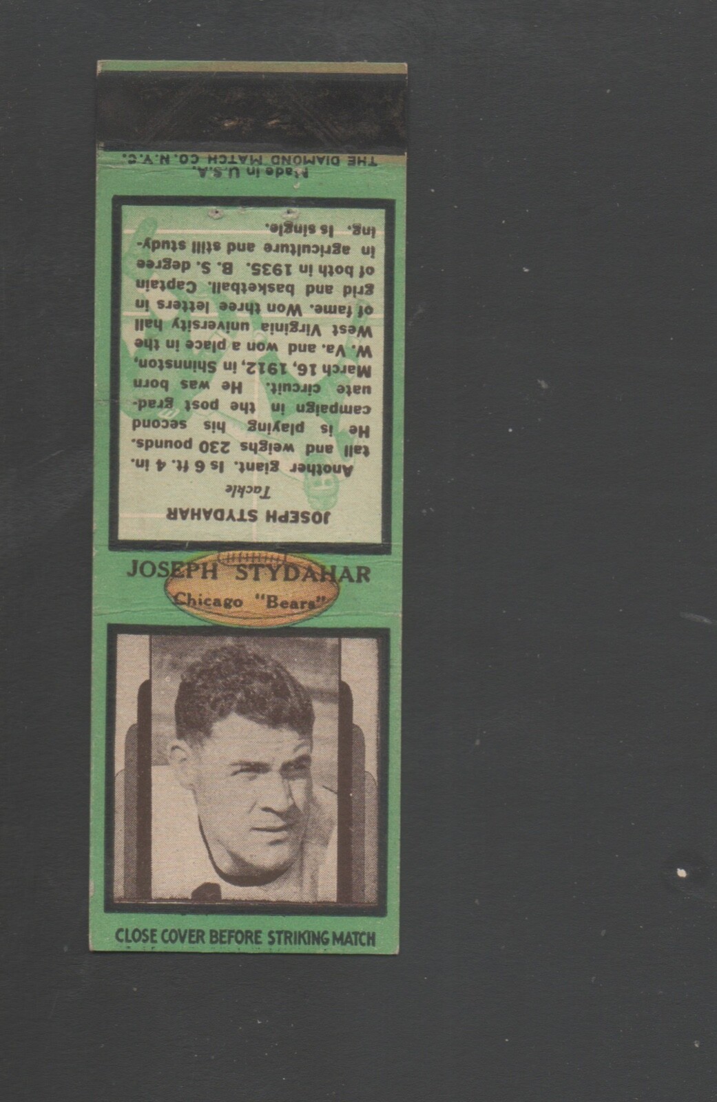 1937 Diamond Football Matchcover #19 Joe Stydahar-Chicago Bears Near ...