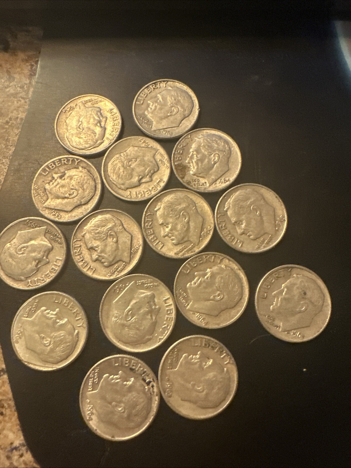 LOT OF 15 FDR 90% SILVER DIMES 1947-1964 U.S. COINS CIRCULATED MIXED ...