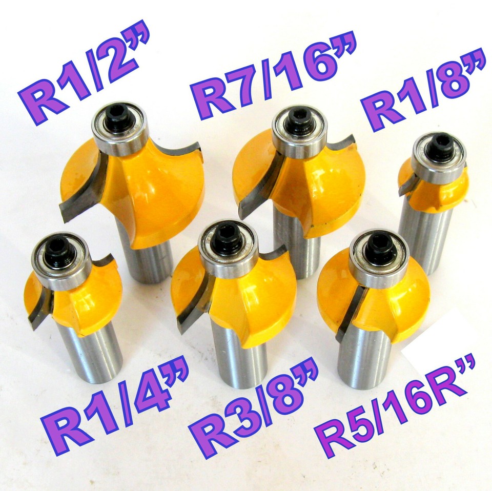 6pc 1/2 SH 1/2, 7/16, 3/8, 5/16, 1/4, 1/8 Radius Round Over Router Bit ...