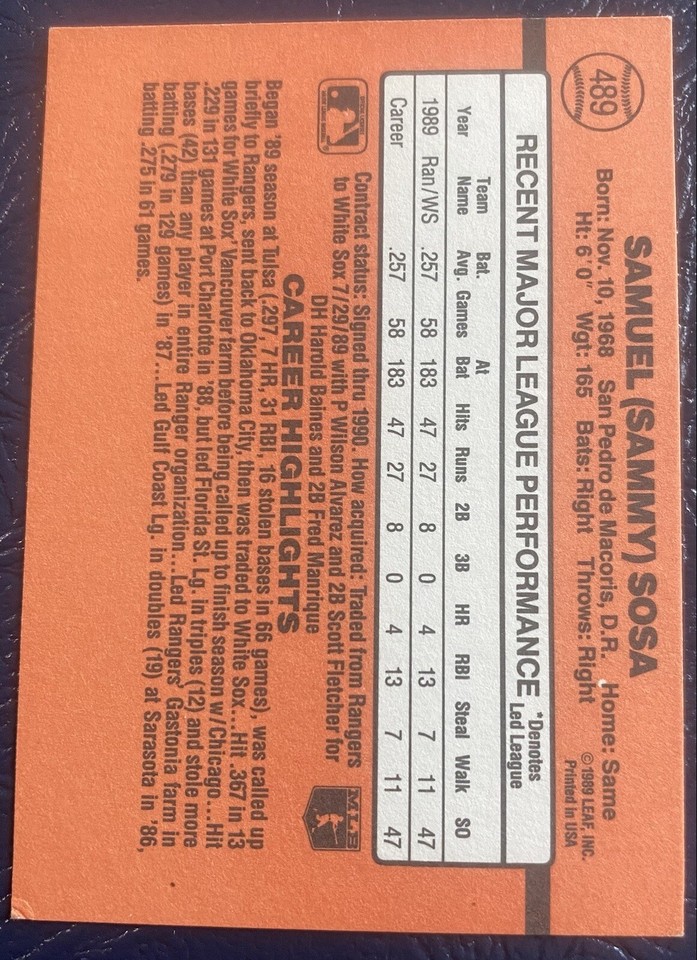 1990 Donruss #489 Sammy Sosa Rookie Card Chicago White Sox RC | eBay
