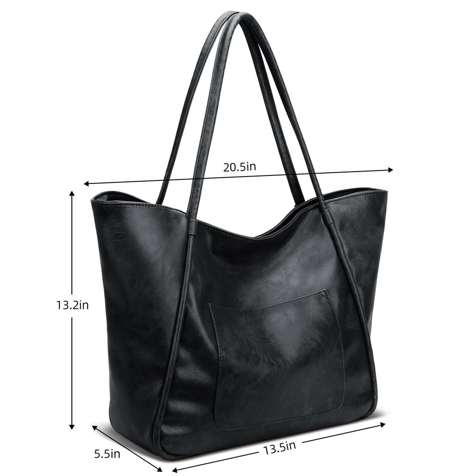Large Leather Tote Bag for Women - Zipper Travel Purse - Black | eBay