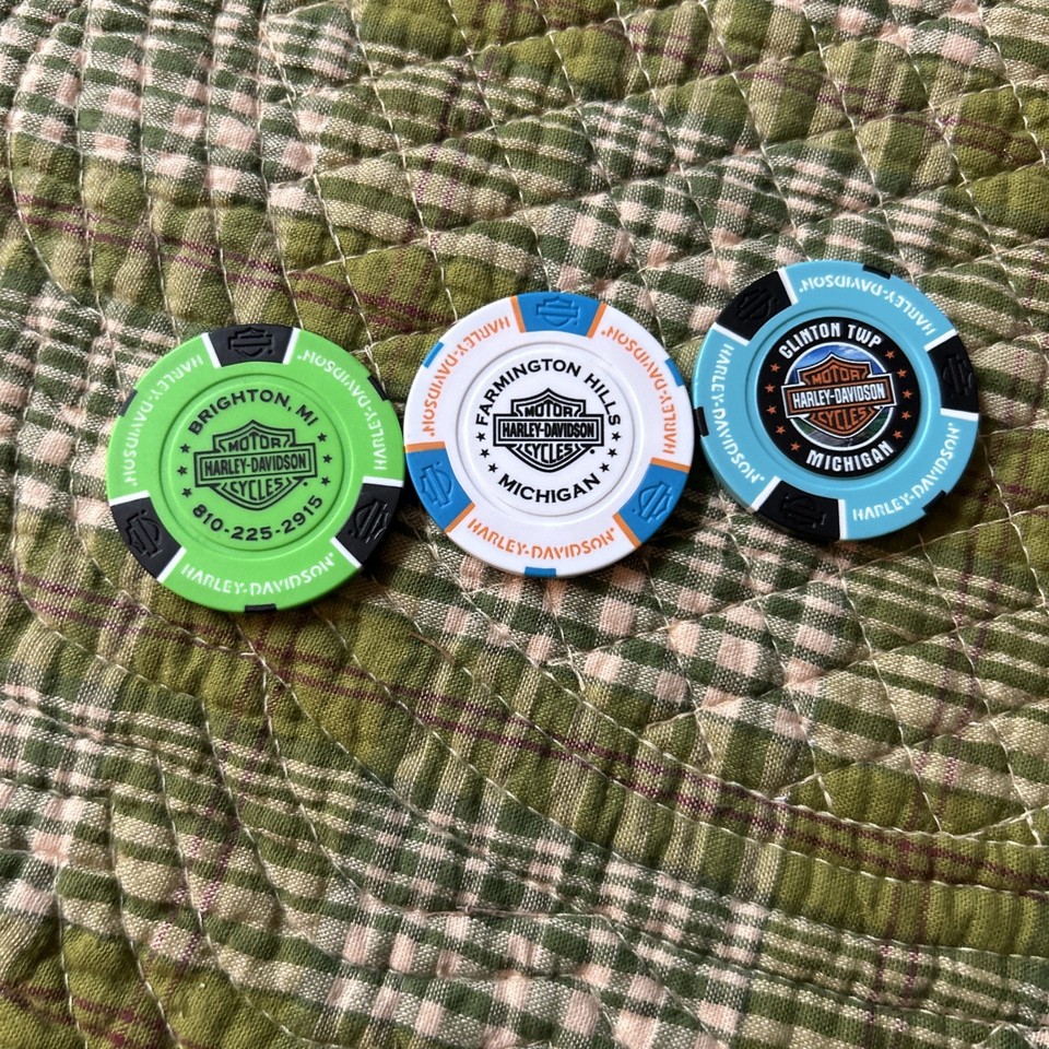 Lot Of 3 Harley Davidson Poker Chips Michigan Brighton Farmington ...