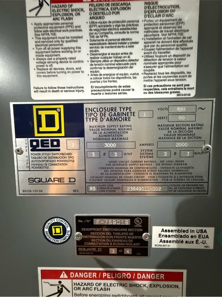 3000A Square D QED 4 Section Switchgear Lineup 480V 26 Breakers | eBay