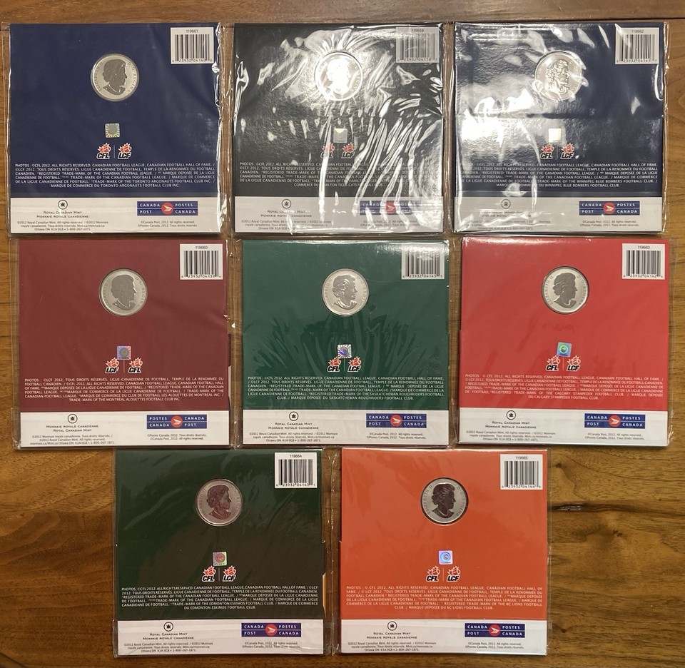 2012 CANADA CFL STAMP 25 CENT COIN FULL SET OF 8 BLUE BOMBERS RIDERS ...