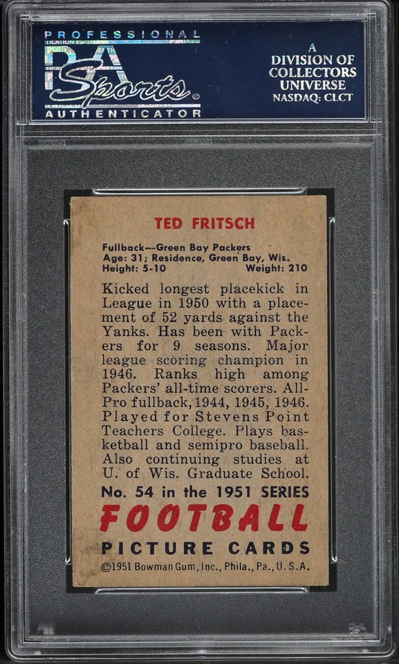 1951 Bowman FB Card # 54 Ted Fritsch Sr. Green Bay Packers HOF PSA 5 EX ...