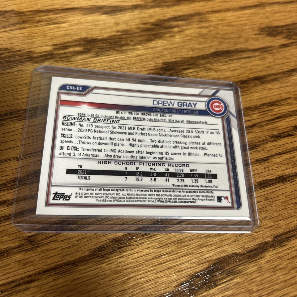 Drew Gray 2021 Auto Rookie Bowman Chrome Autograph Rc Cubs | eBay