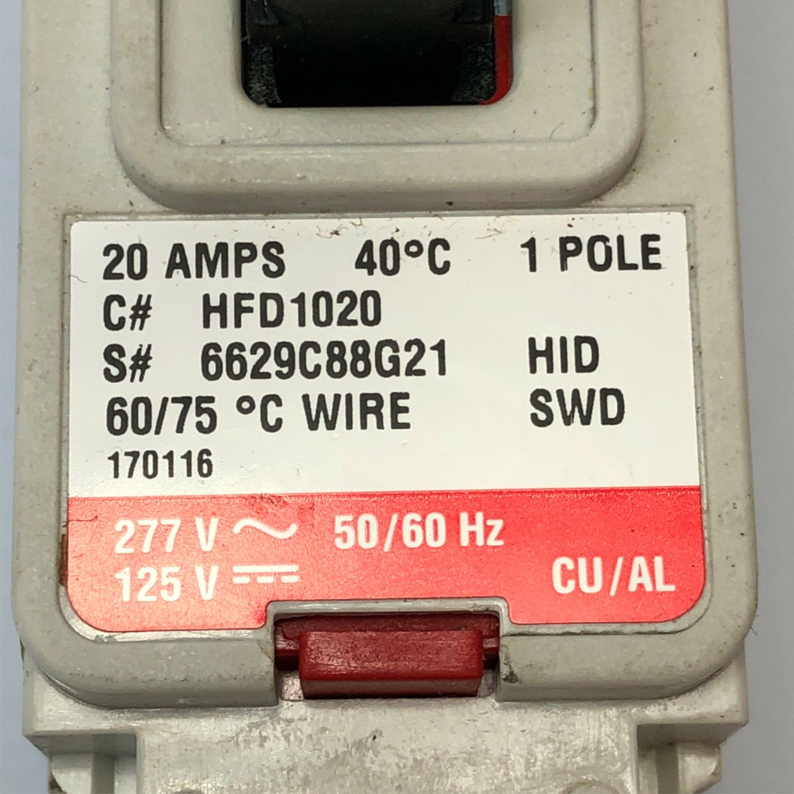 Eaton HFD1020 HFD Series C, 20A, 1P, 277VAC, 125VDC, 65 kAIC, Type HFD ...