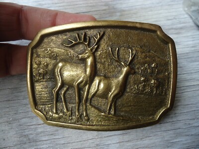 VTG Belt Buckle Two White Tail Bucks Solid Brass Gift approx. 3.25 x 2. ...