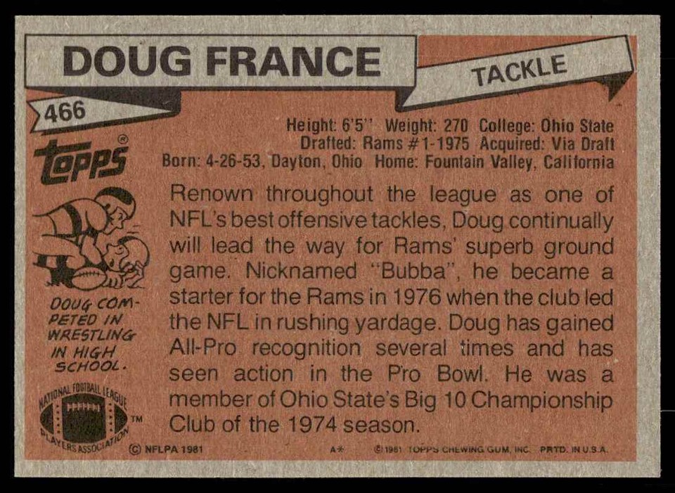 1981 Topps Doug France RC Los Angeles Rams #466 | eBay