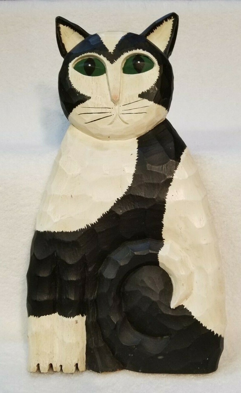 James Haddon Signed Hand Carved Wood Folk Art Cat Sculpture 15 1/2 ...