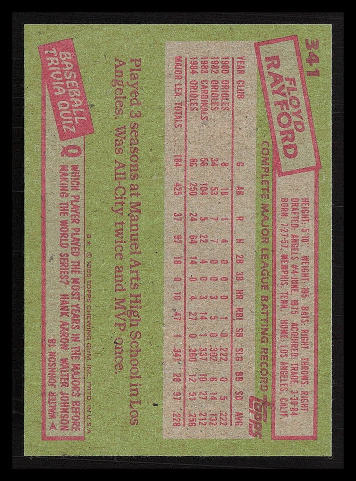 Floyd Rayford 1985 Topps #341 Baltimore Orioles | eBay