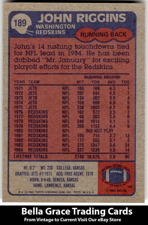 1985 Topps John Riggins #189 Washington Redskins NFL Football | eBay
