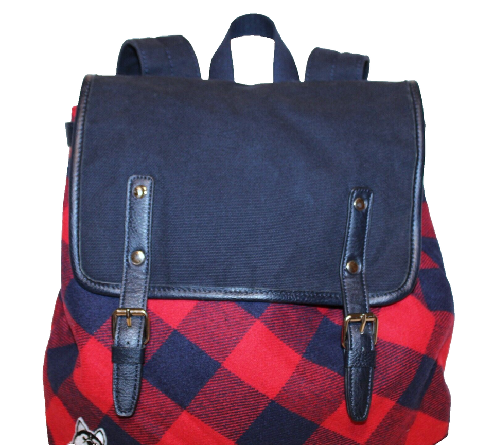 Lands End Navy & Red Buffalo Check Flannel & Canvas Backpack Bookbag ...