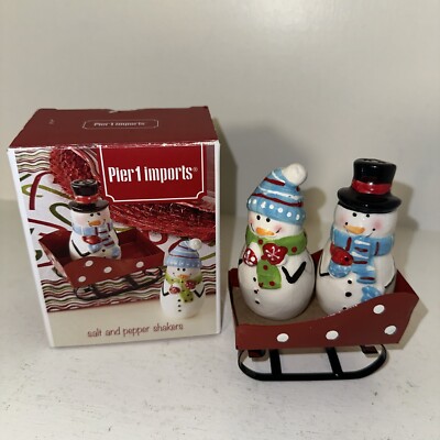 Pier 1 Salt & Pepper Shaker Set Snowmen in Red Sled NEW in Box Holiday ...
