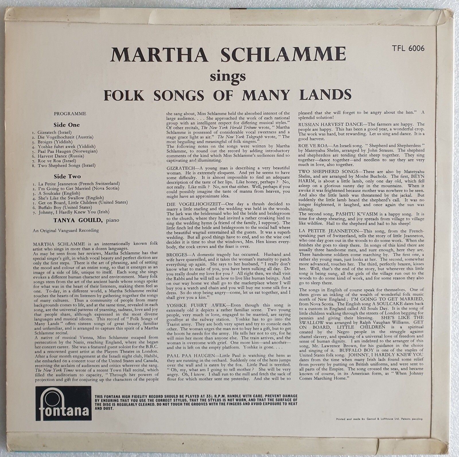 MARTHA SCHLAMME "FOLK SONGS OF MANY LANDS" VINYL LP FONTANA TFL 6006 ...