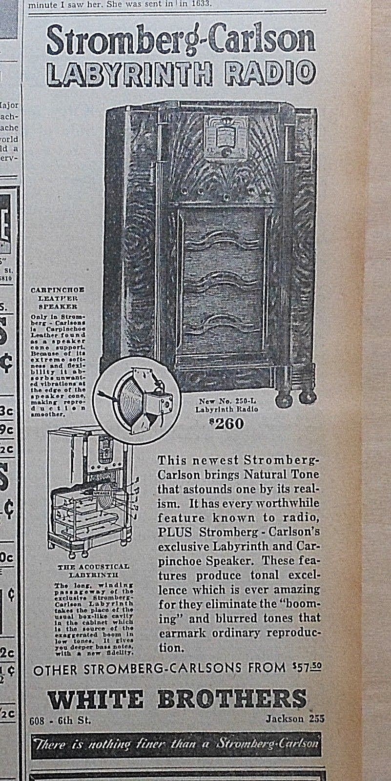 1937 newspaper ad for Stromberg Carlson Labyrinth Radio - acoustical ...