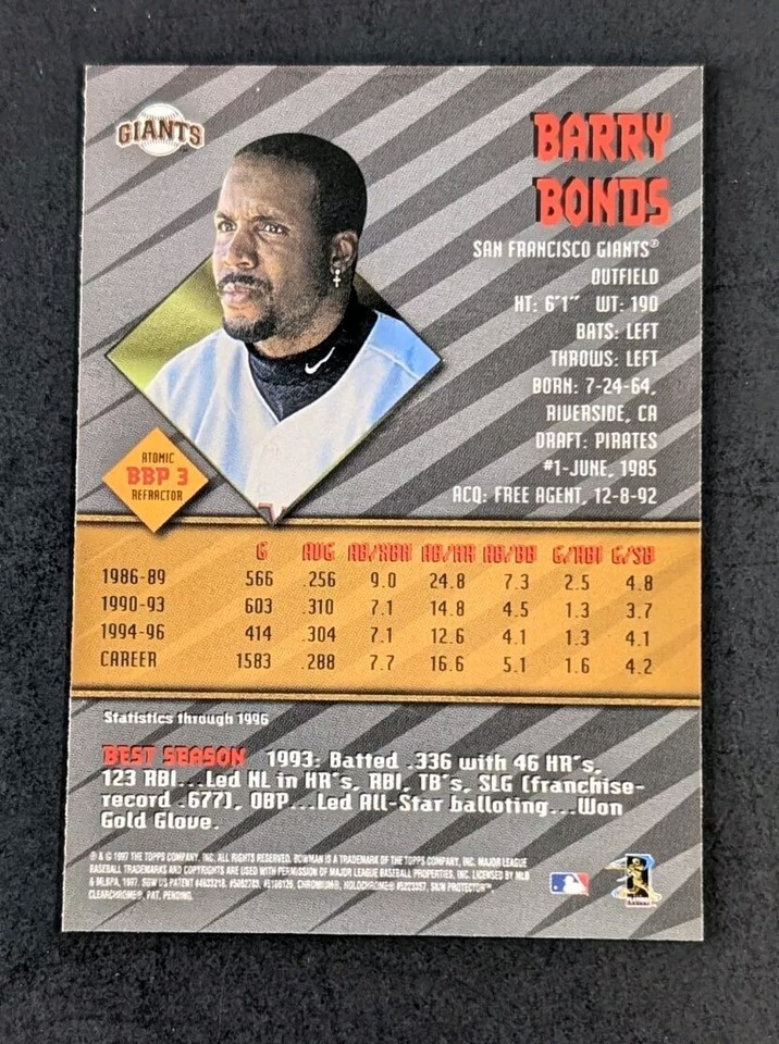 Barry Bonds 1997 Bowman's Best #BBP3 Atomic Refractor Preview | eBay
