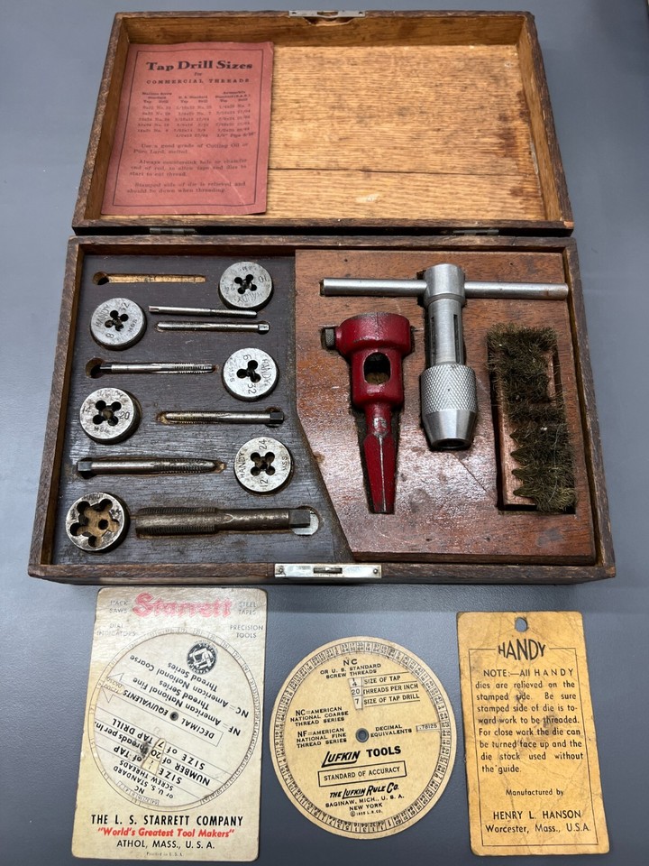 VINTAGE RARE HENRY HANSON HANDY 39PC TAP DIE SET - 3 LEVEL OAK BOX ...