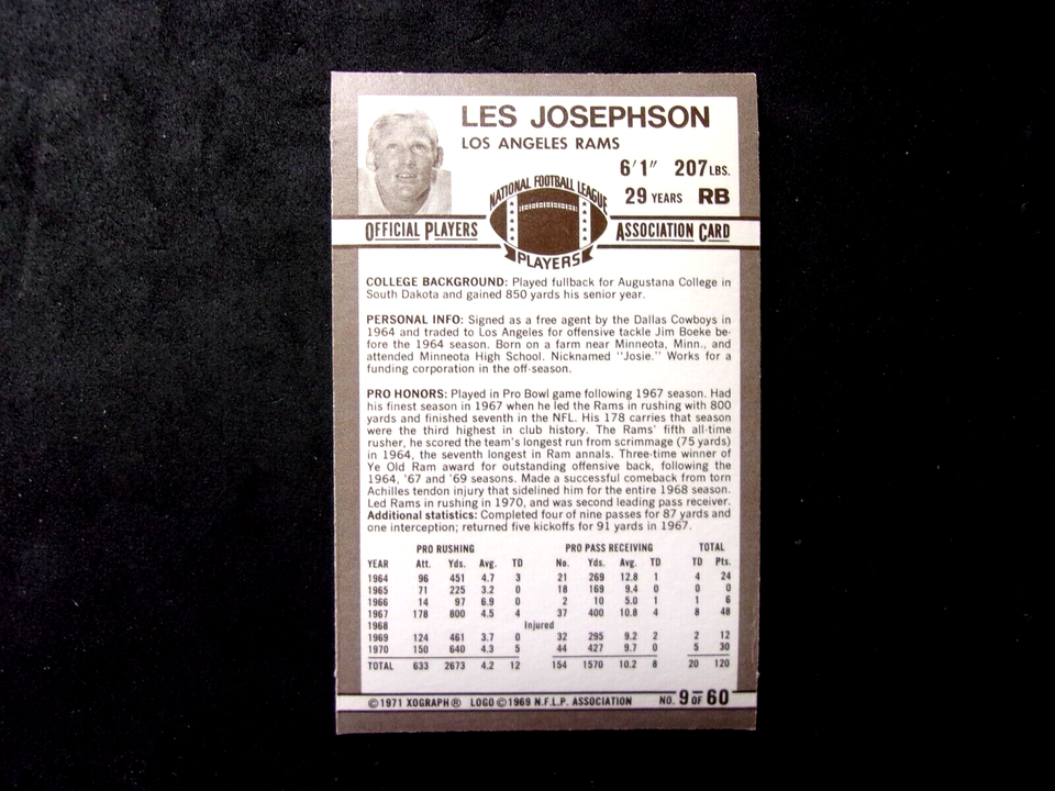 1971 KELLOGG'S #9 LES JOSEPHSON IN NRMT+++CONDITION..LOS ANGELES RAMS ...
