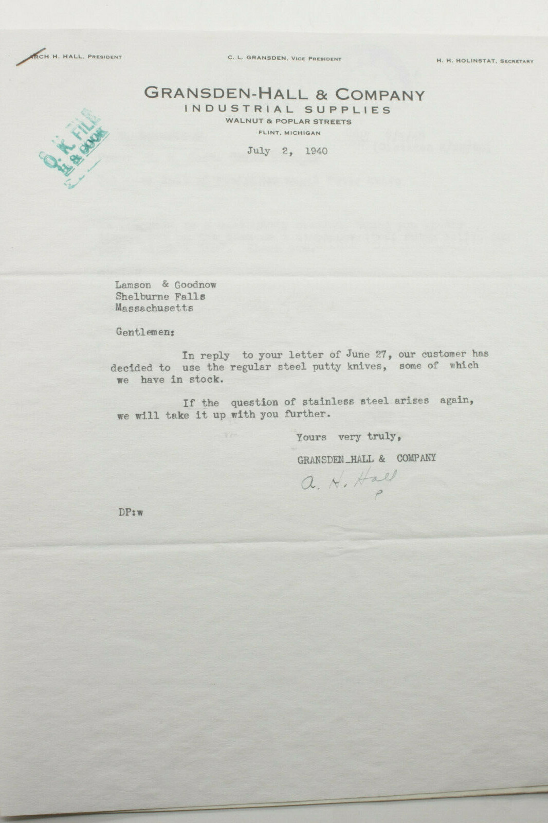 1940 Lamson Goodnow Gransden Hall & Co Flint MI Letters Ephemera P1573L ...