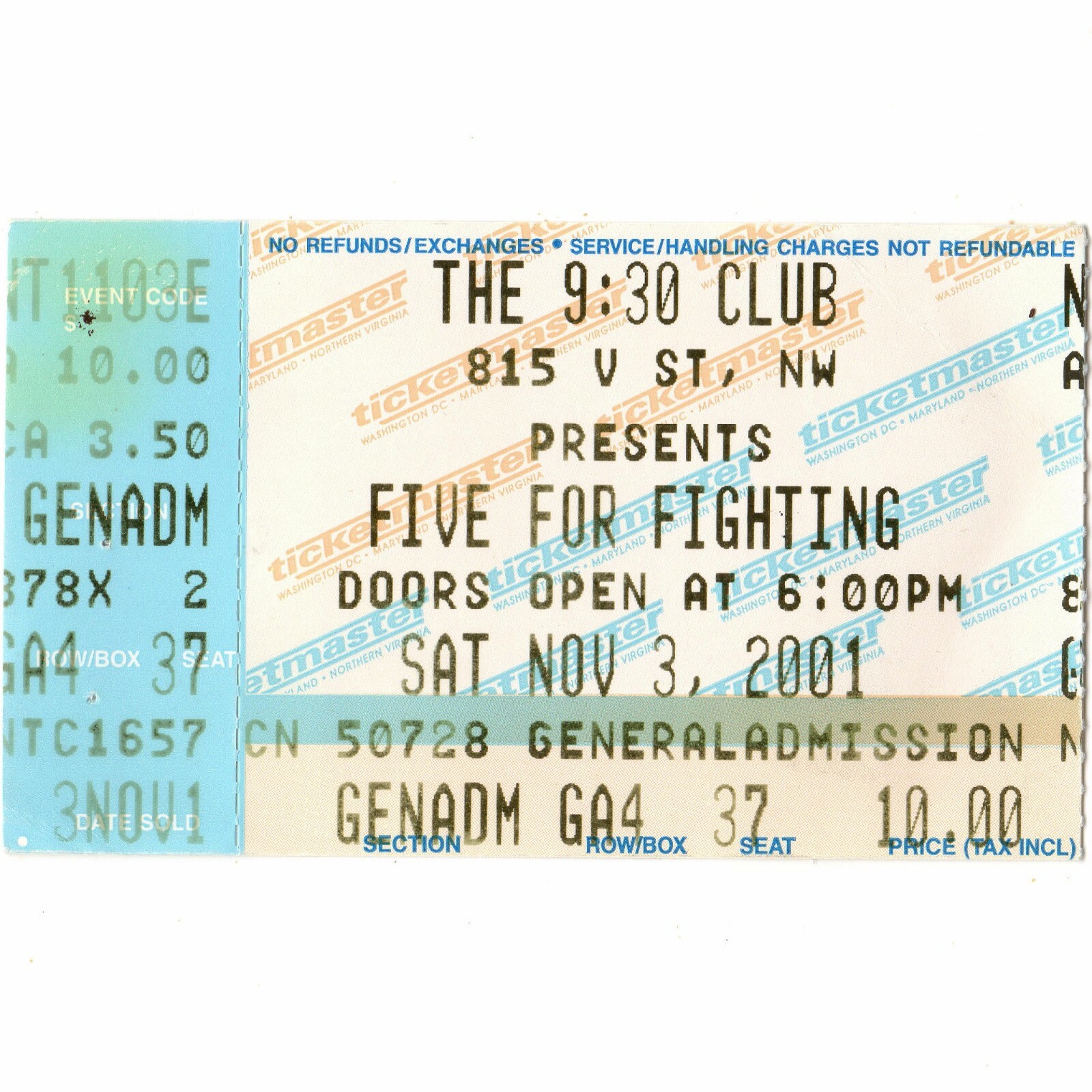 FIVE FOR FIGHTING Concert Ticket Stub WASHINGTON DC 11/3/01 THE 9:30 ...