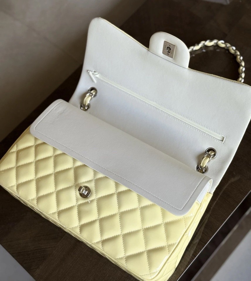 Chanel Classic Jumbo Double Flap Bag Yellow Patent Leather with Silver ...