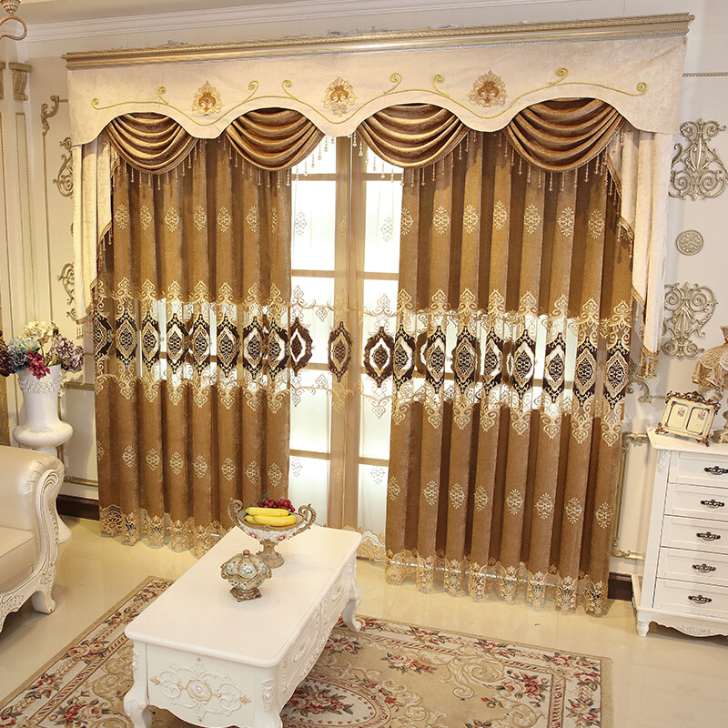 European embroidered chenille cloth yellow blackout curtain tulle ...