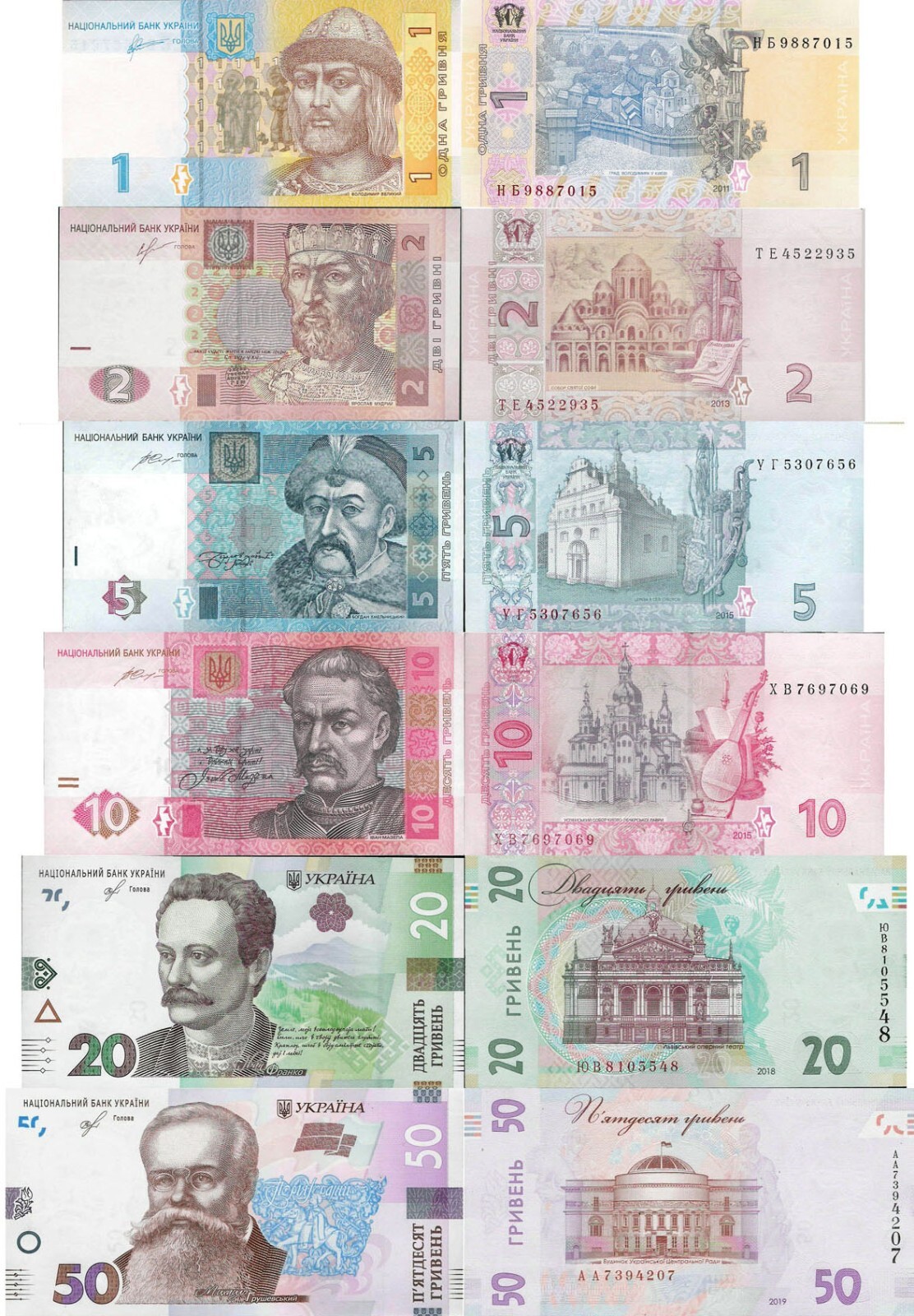 Ukraine set 6 pcs 1+2+5+10+20+50 Hryvnia - Pick 116-121 UNC - random ...