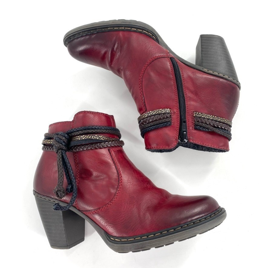 Rieker Red Ankle Boots Braided Detail Side Zip Comfortable Womens Size ...