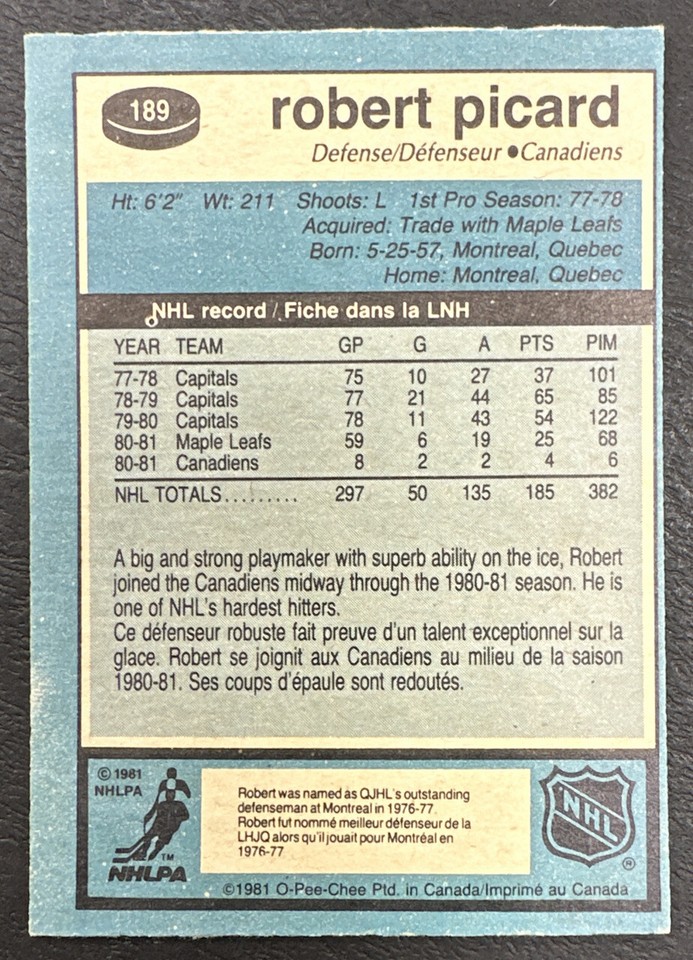 1981-82 O-Pee-Chee OPC Hockey - #189 Robert Picard - Montreal Canadiens ...
