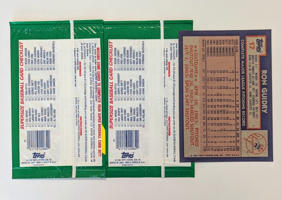 1984 Topps Super Size Baseball Packs. (Two Packs) Unopened. Plus Ron ...