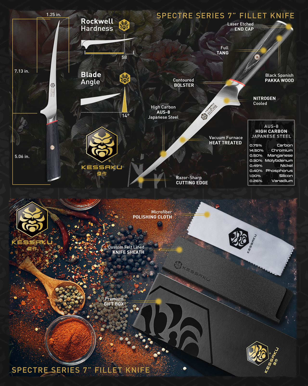 Kessaku 7" Flexible Fillet Knife - Spectre Series - AUS-8 HC Stainless ...