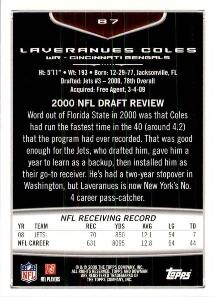 2009 Bowman Laveranues Coles Cincinnati Bengals #87 NFL Football Card ...