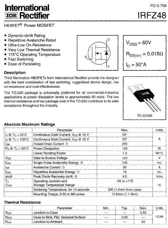 5pcs IRFZ48N IRFZ48 MOSFET Power Transistor Fast Switching HEXFET 64A ...