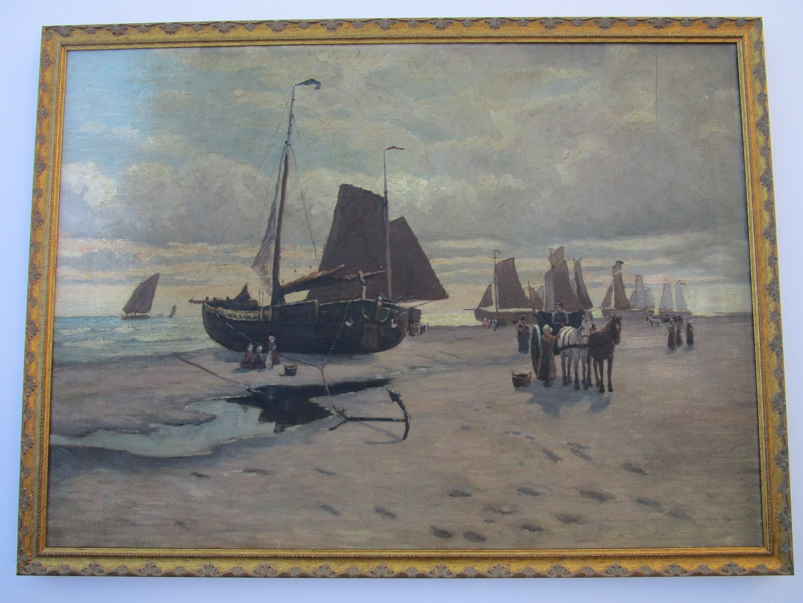 ANTIQUE NAUTICAL PAINTING BOATS SHIPS COASTAL SEASCAPE FIGURES ...