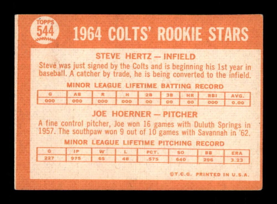 1964 Topps #544 Steve Hertz/Joe Hoerner Rookie Stars VG/VGEX X3233069 ...