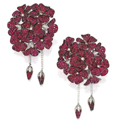 Red Stone Flower Design Dangle Type Women Earrings In 925 Sterling ...