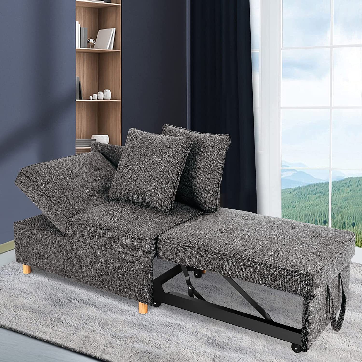 Sofa Bed Chair 4-in-1 Convertible Chair Bed 3-Seat Linen Fabric ...