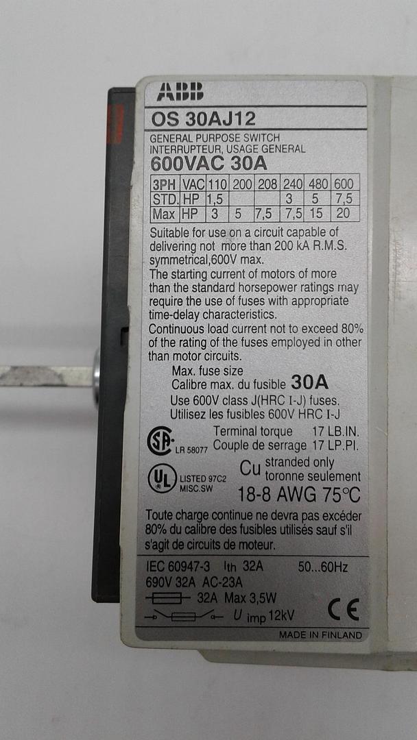 ABB OS 30AJ12 Fused Disconnect Switch w/ Handle 600VAC 30A 3PH for sale ...