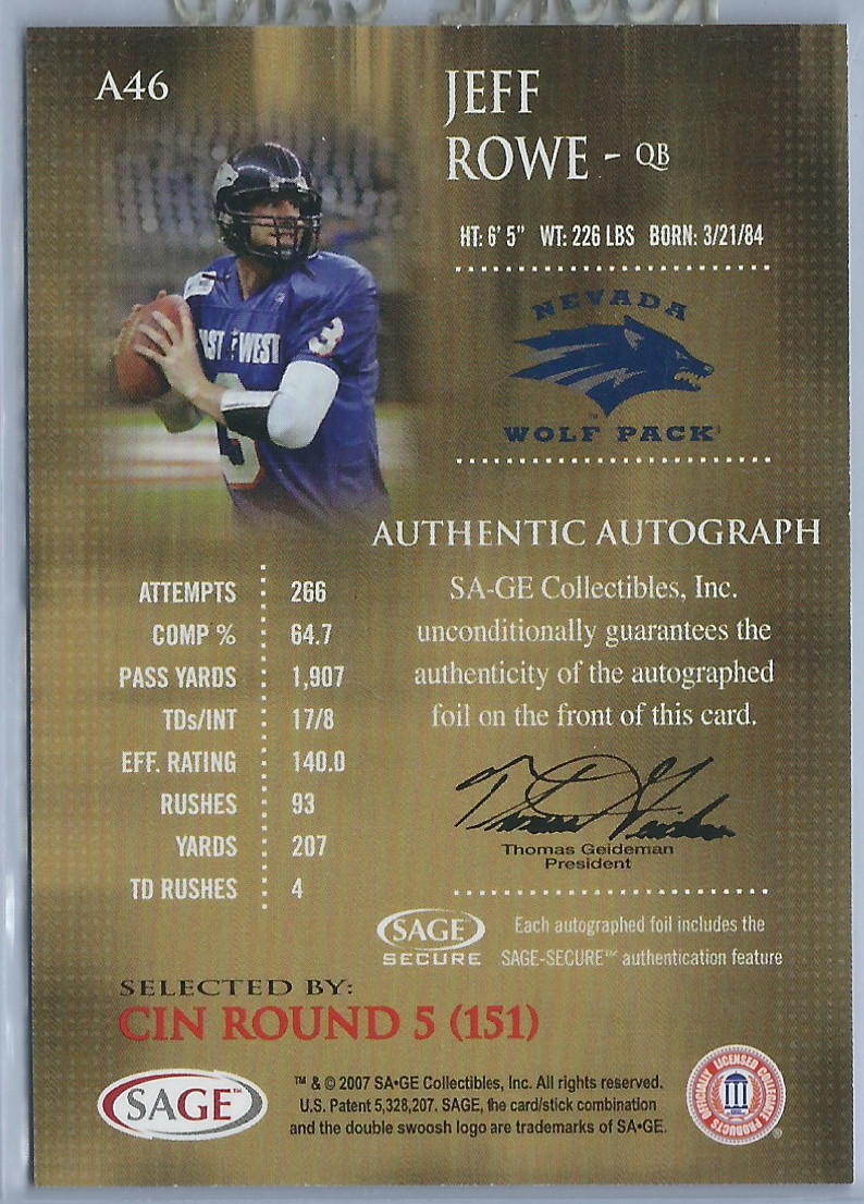 2007 Sage Football Red Level Jeff Rowe Nevada Wolf Pack Autographed ...