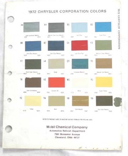 1972 CHRYSLER DODGE PLYMOUTH MOPAR MOBIL COLOR PAINT CHIP CHART ALL ...