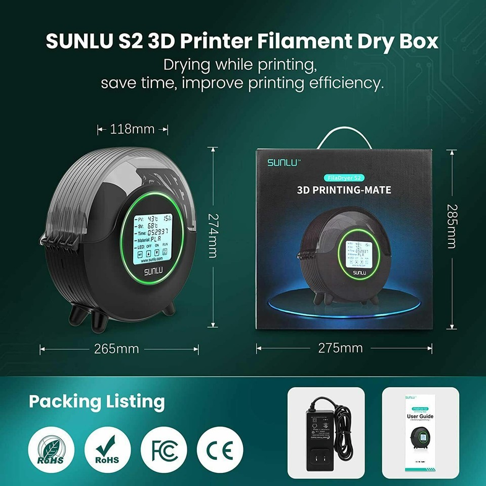 SUNLU Dryer Box S2 Upgraded With Fan,Black,360° Heating Around,Filament ...