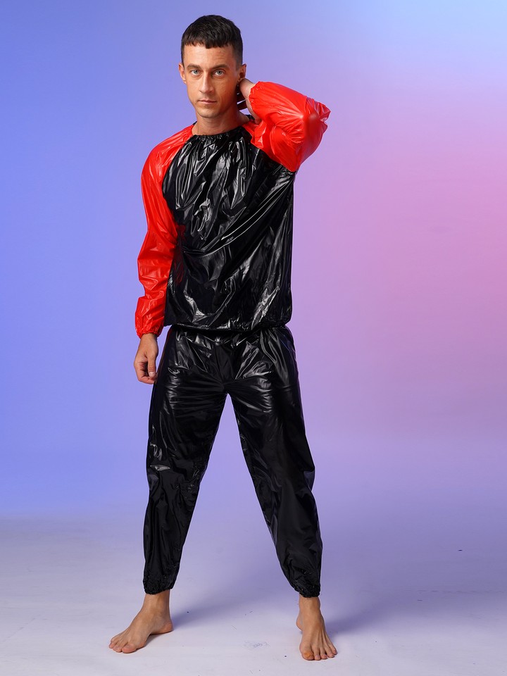 Men Women PVC Sauna Suit Sweat Suit Loose Tops with Pants Outfits ...