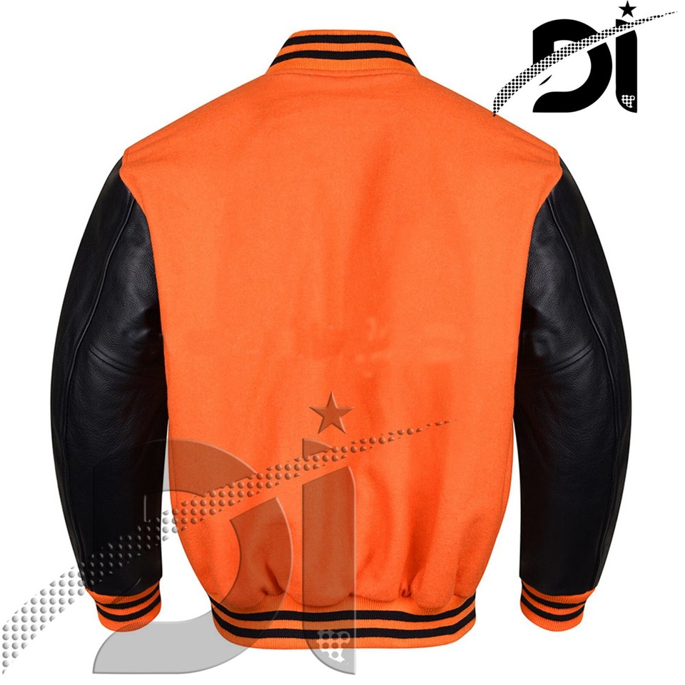 Varsity Orange Letterman Baseball Wool & Black Real Leather Sleeves ...