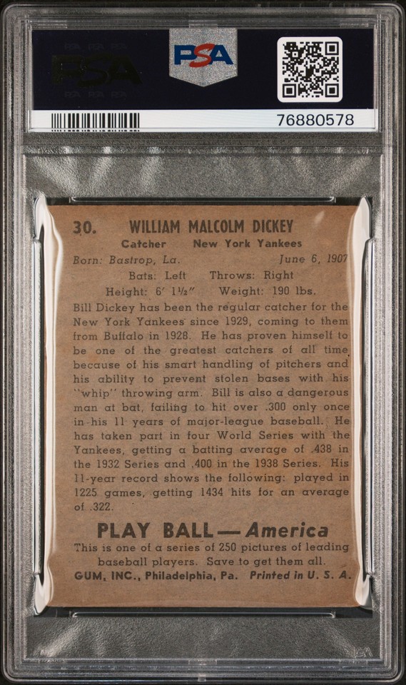 1939 Play Ball Bill Dickey #30 PSA 3 NEW LABEL VINTAGE BASEBALL YANKEES ...