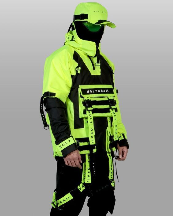 Men's Techwear Neon Green Jacket Hoodie Full Zip Buckle H G - A.N.R.X V ...