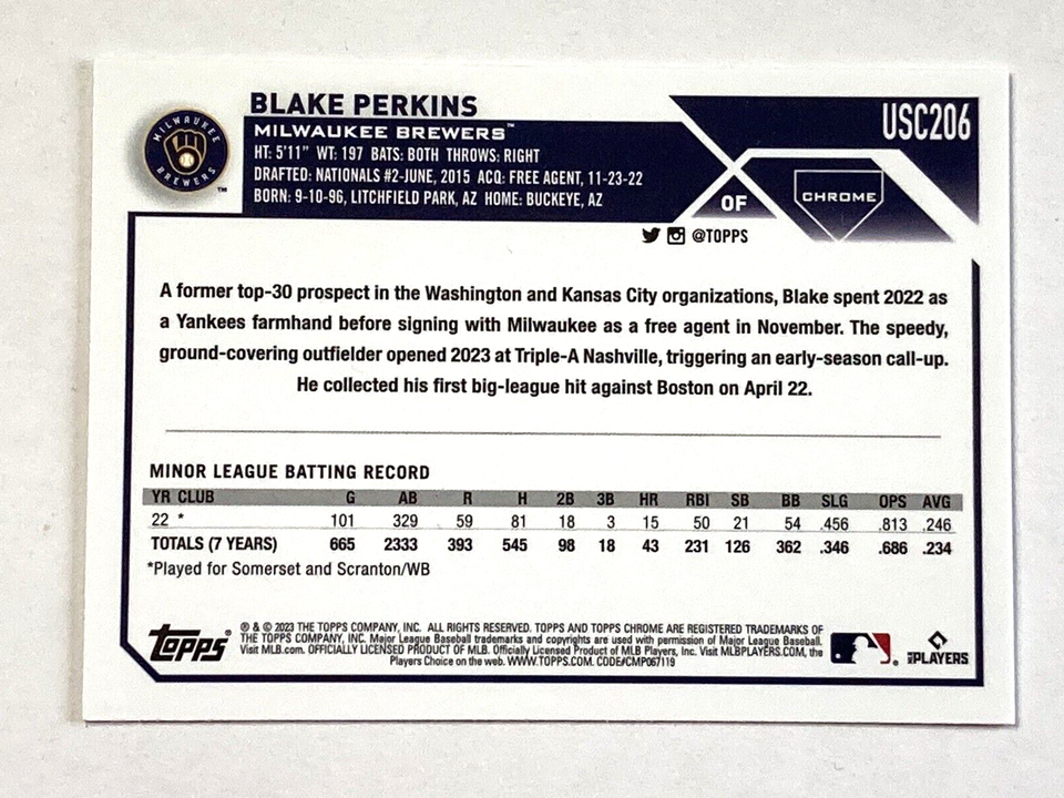 2023 Topps Chrome Update Blake Perkins Rookie Card #USC206 Brewers | eBay
