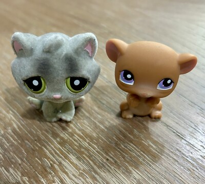 Authentic Littlest Pet Shop LPS Cat Kitten 323 Mouse 324 Fuzzy Grey ...